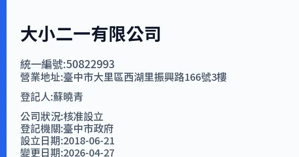 大小二一有限公司的照片-統編 50822993(臺中市) 公司登記資料與營業項目詳細圖表