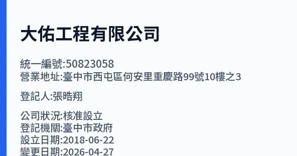 大佑工程有限公司的照片-統編 50823058(臺中市) 公司登記資料與營業項目詳細圖表