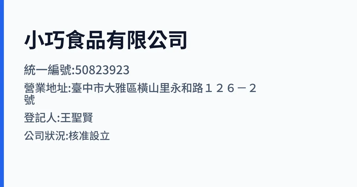 小巧食品有限公司 - 統編 50823923(臺中市) 公司登記資料與營業項目詳細圖表