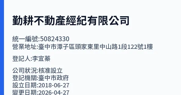勤耕不動產經紀有限公司的照片-統編 50824330(臺中市) 公司登記資料與營業項目詳細圖表
