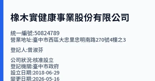 橡木實健康事業股份有限公司的照片-統編 50824789(臺中市) 公司登記資料與營業項目詳細圖表