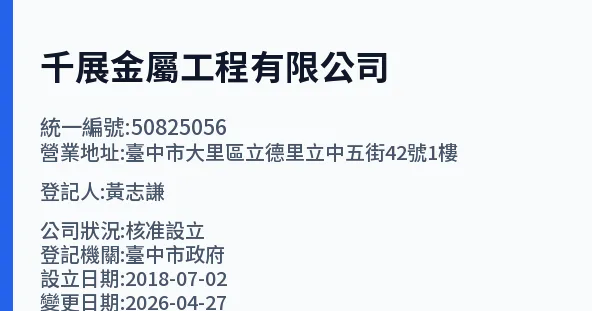 千展金屬工程有限公司的照片-統編 50825056(臺中市) 公司登記資料與營業項目詳細圖表
