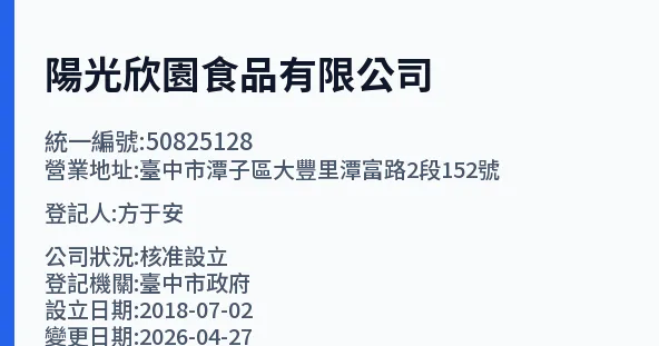 陽光欣園食品有限公司的照片-統編 50825128(臺中市) 公司登記資料與營業項目詳細圖表