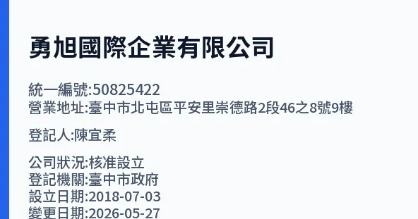 勇旭國際企業有限公司的照片-統編 50825422(臺中市) 公司登記資料與營業項目詳細圖表