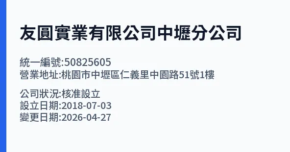 友圓實業有限公司中壢分公司的照片-統編 50825605(桃園市) 公司登記資料與營業項目詳細圖表