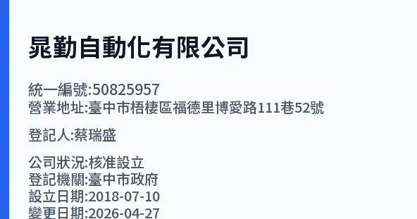 晁勤自動化有限公司的照片-統編 50825957(臺中市) 公司登記資料與營業項目詳細圖表