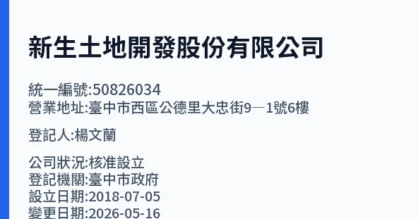 新生土地開發股份有限公司的照片-統編 50826034(臺中市) 公司登記資料與營業項目詳細圖表