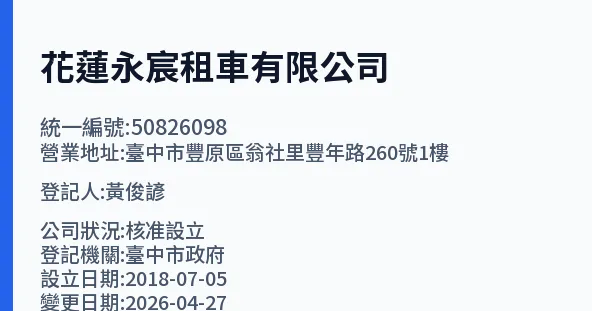花蓮永宸租車有限公司的照片-統編 50826098(臺中市) 公司登記資料與營業項目詳細圖表