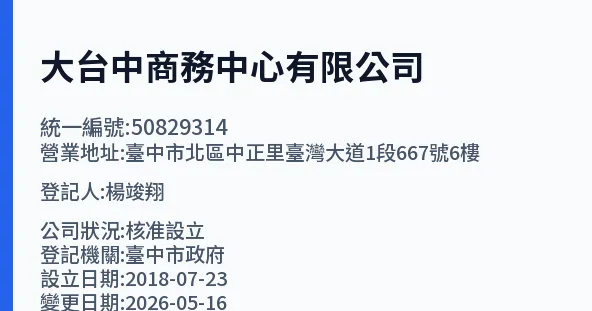 大台中商務中心有限公司的照片-統編 50829314(臺中市) 公司登記資料與營業項目詳細圖表