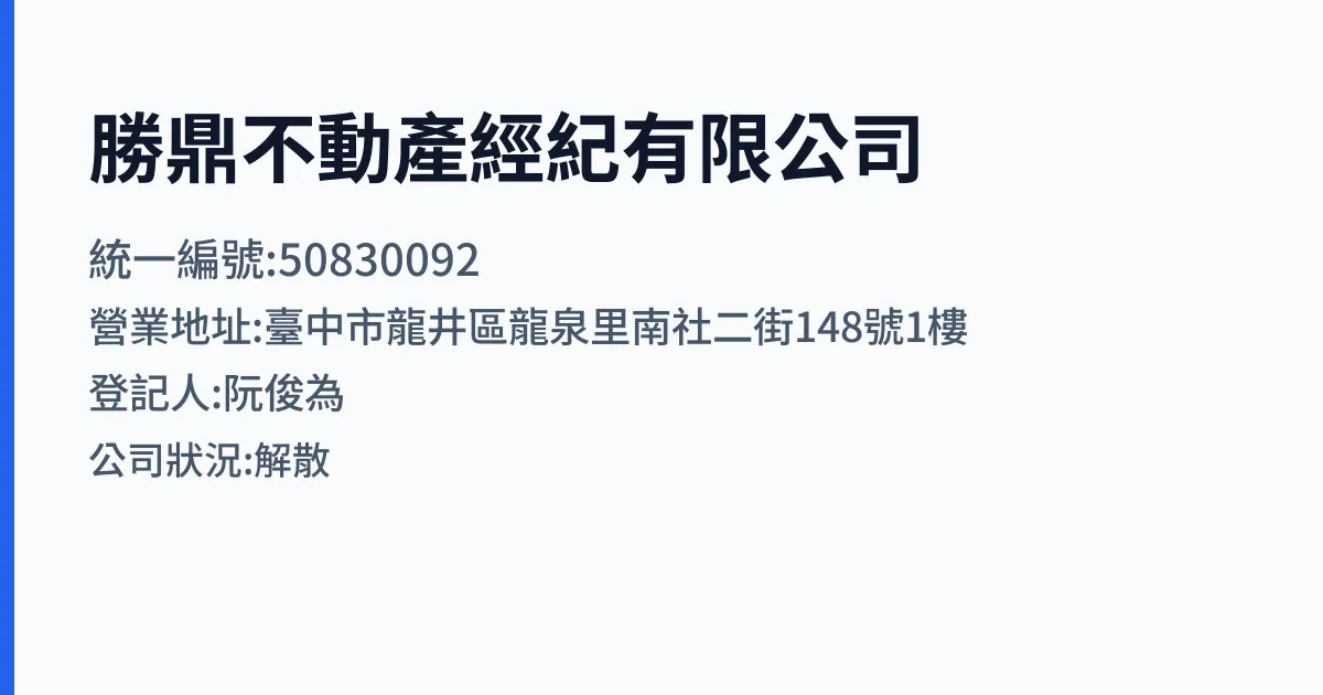 勝鼎不動產經紀有限公司 - 統編 50830092(臺中市) 公司登記資料與營業項目詳細圖表