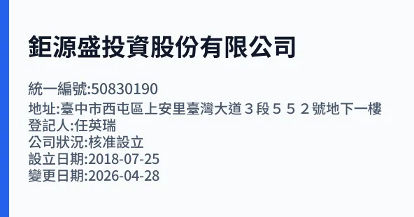 鉅源盛投資股份有限公司的照片-統編 50830190(臺中市) 公司登記資料與營業項目詳細圖表