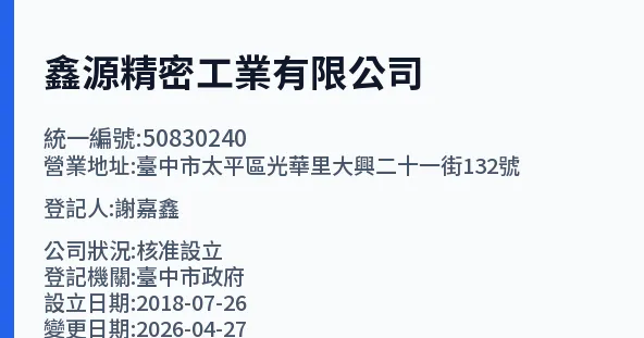 鑫源精密工業有限公司的照片-統編 50830240(臺中市) 公司登記資料與營業項目詳細圖表