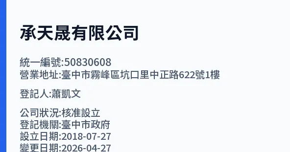 承天晟有限公司的照片-統編 50830608(臺中市) 公司登記資料與營業項目詳細圖表