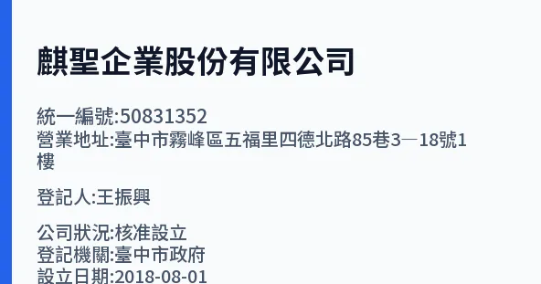 麒聖企業股份有限公司的照片-統編 50831352(臺中市) 公司登記資料與營業項目詳細圖表