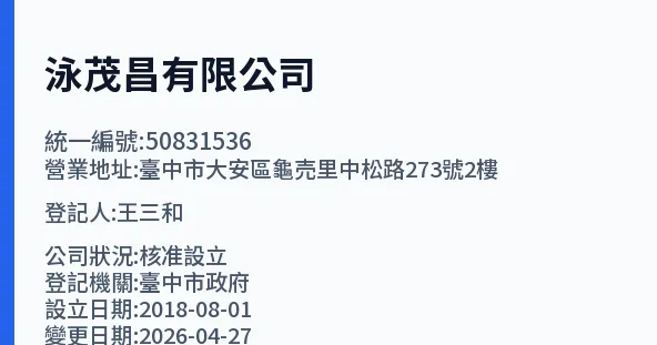 泳茂昌有限公司的照片-統編 50831536(臺中市) 公司登記資料與營業項目詳細圖表