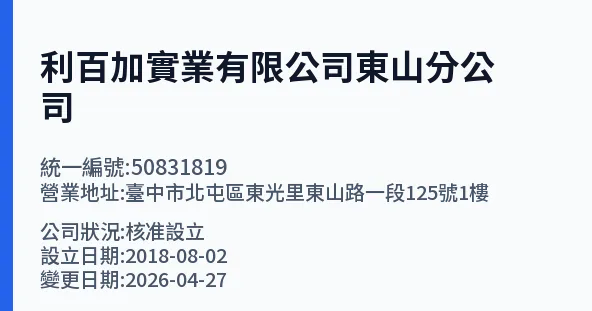 利百加實業有限公司東山分公司的照片-統編 50831819(臺中市) 公司登記資料與營業項目詳細圖表