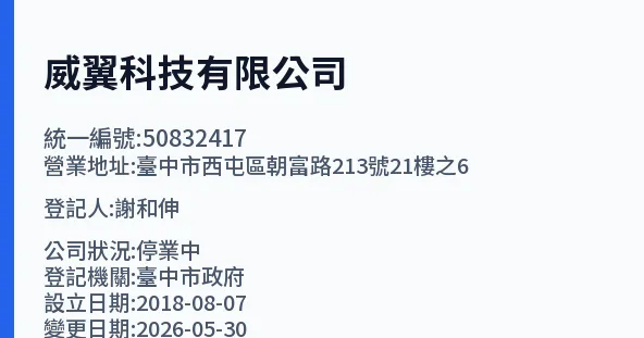 威翼科技有限公司的照片-統編 50832417(臺中市) 公司登記資料與營業項目詳細圖表