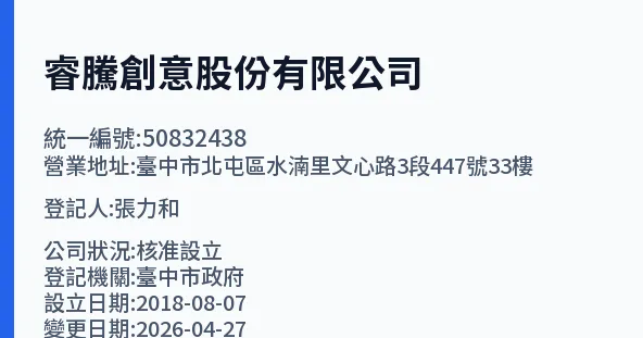 睿騰創意股份有限公司的照片-統編 50832438(臺中市) 公司登記資料與營業項目詳細圖表