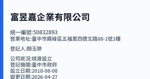 富昱嘉企業有限公司的照片-統編 50832893(臺中市) 公司登記資料與營業項目詳細圖表