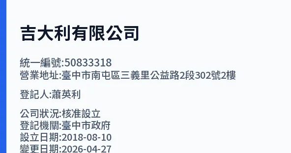 吉大利有限公司的照片-統編 50833318(臺中市) 公司登記資料與營業項目詳細圖表