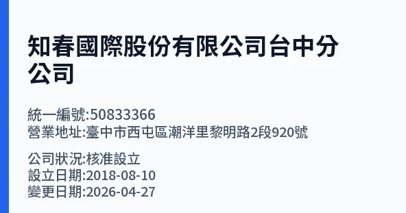 知春國際股份有限公司台中分公司的照片-統編 50833366(臺中市) 公司登記資料與營業項目詳細圖表
