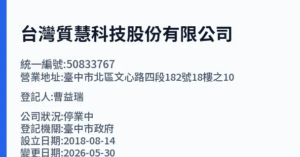 台灣質慧科技股份有限公司的照片-統編 50833767(臺中市) 公司登記資料與營業項目詳細圖表