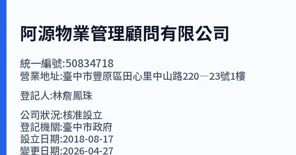 阿源物業管理顧問有限公司的照片-統編 50834718(臺中市) 公司登記資料與營業項目詳細圖表