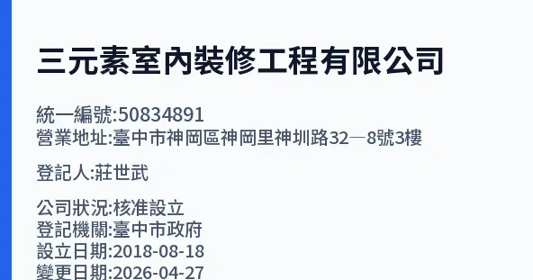 三元素室內裝修工程有限公司的照片-統編 50834891(臺中市) 公司登記資料與營業項目詳細圖表