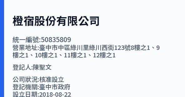 橙宿股份有限公司的照片-統編 50835809(臺中市) 公司登記資料與營業項目詳細圖表
