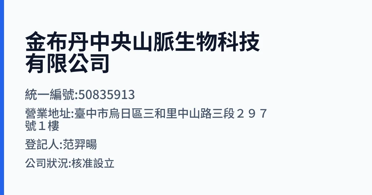 金布丹中央山脈生物科技有限公司 - 統編 50835913(臺中市) 公司登記資料與營業項目詳細圖表