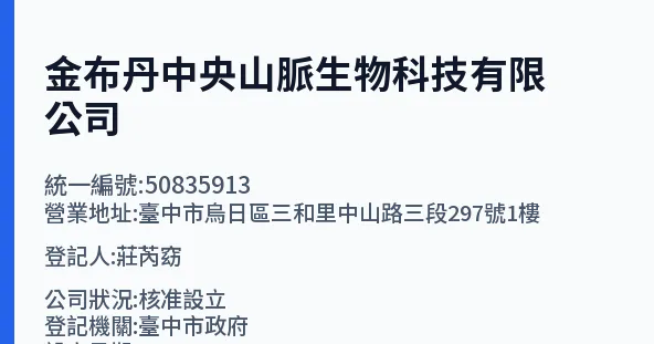 金布丹中央山脈生物科技有限公司的照片-統編 50835913(臺中市) 公司登記資料與營業項目詳細圖表