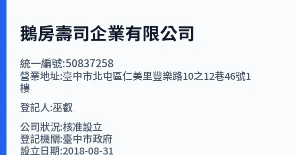鵝房壽司企業有限公司的照片-統編 50837258(臺中市) 公司登記資料與營業項目詳細圖表