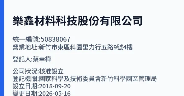樂鑫材料科技股份有限公司的照片-統編 50838067(新竹市) 公司登記資料與營業項目詳細圖表