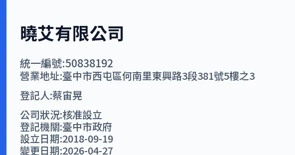 曉艾有限公司的照片-統編 50838192(臺中市) 公司登記資料與營業項目詳細圖表