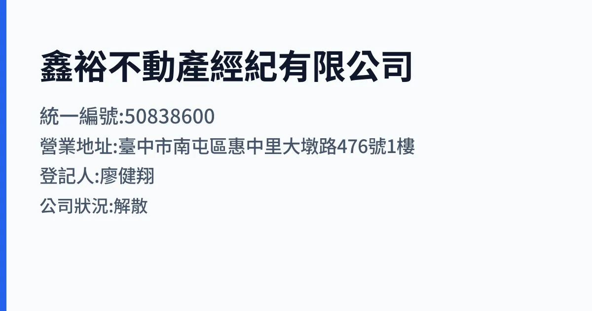 鑫裕不動產經紀有限公司 - 統編 50838600(臺中市) 公司登記資料與營業項目詳細圖表