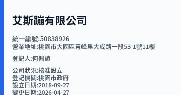 艾斯蹦有限公司的照片-統編 50838926(桃園市) 公司登記資料與營業項目詳細圖表