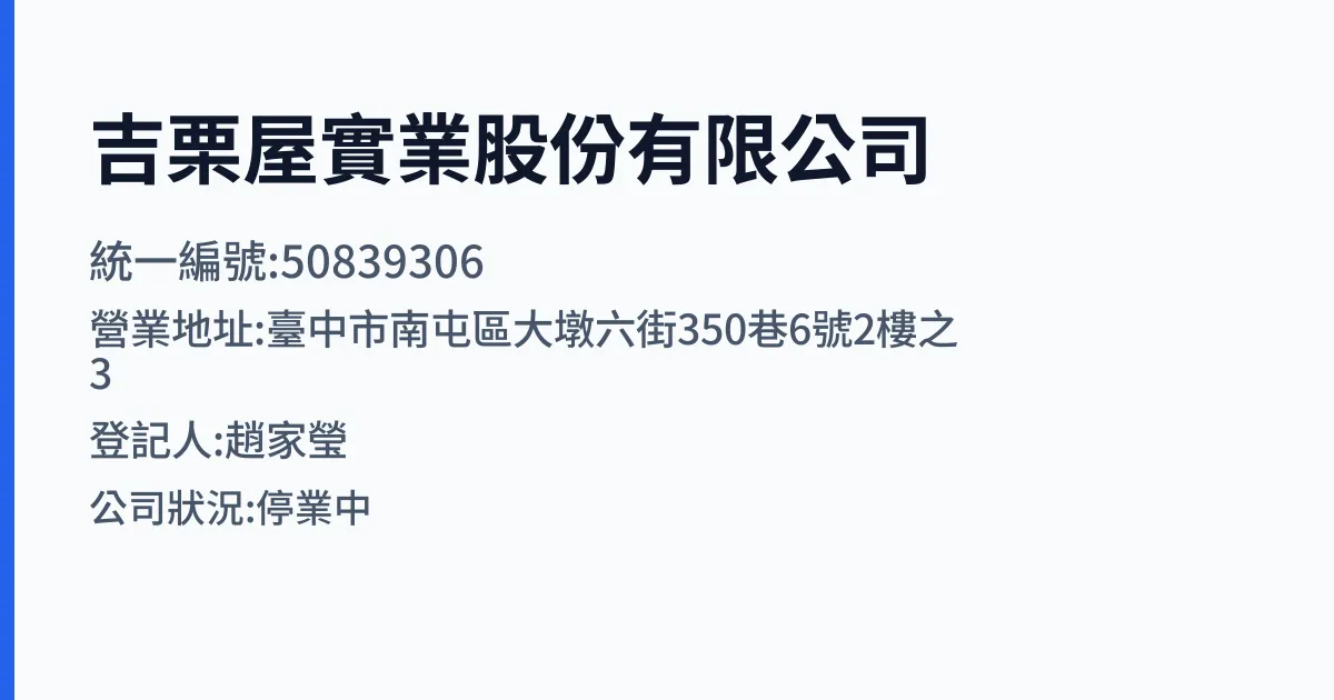 吉栗屋實業股份有限公司 - 統編 50839306(臺中市) 公司登記資料與營業項目詳細圖表