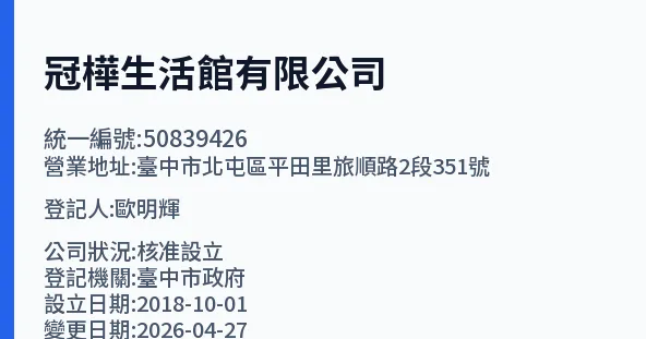 冠樺生活館有限公司的照片-統編 50839426(臺中市) 公司登記資料與營業項目詳細圖表