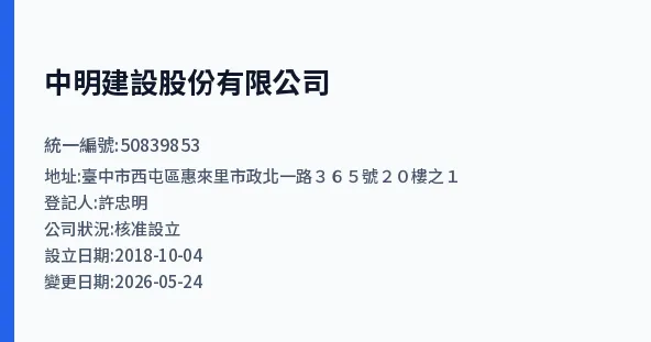 中明建設股份有限公司的照片-統編 50839853(臺中市) 公司登記資料與營業項目詳細圖表