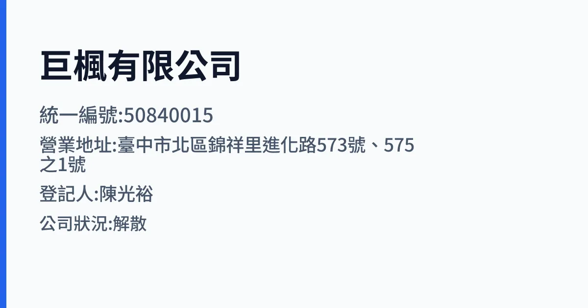 巨楓有限公司 - 統編 50840015(臺中市) 公司登記資料與營業項目詳細圖表
