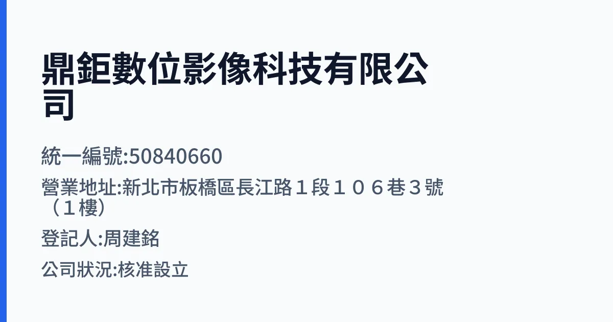 鼎鉅數位影像科技有限公司 - 統編 50840660（新北市） 公司登記資料與營業項目詳細圖表