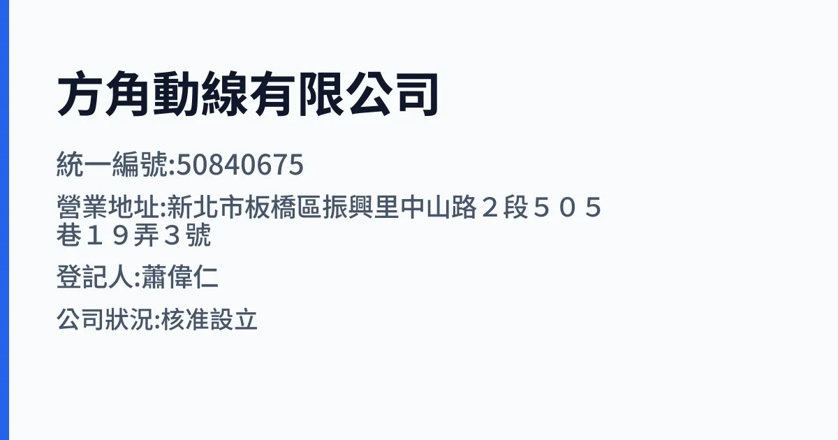 方角動線有限公司 - 統編 50840675(新北市) 公司登記資料與營業項目詳細圖表