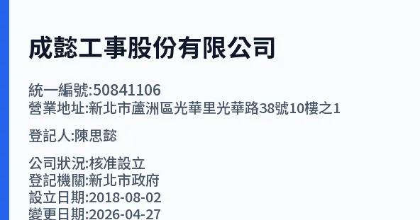 成懿工事股份有限公司的照片-統編 50841106(新北市) 公司登記資料與營業項目詳細圖表