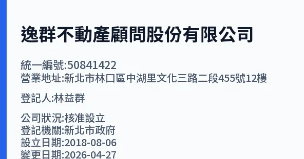 逸群不動產顧問股份有限公司的照片-統編 50841422(新北市) 公司登記資料與營業項目詳細圖表