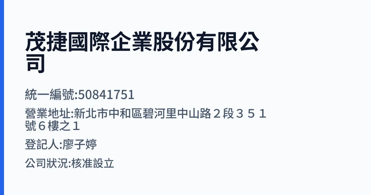 茂捷國際企業股份有限公司 - 統編 50841751(新北市) 公司登記資料與營業項目詳細圖表