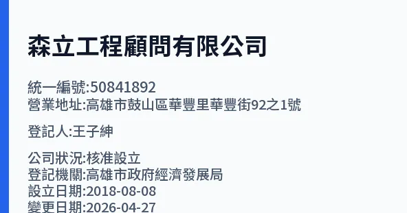 森立工程顧問有限公司的照片-統編 50841892(高雄市) 公司登記資料與營業項目詳細圖表