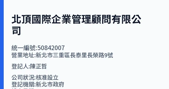 北頂國際企業管理顧問有限公司的照片-統編 50842007(新北市) 公司登記資料與營業項目詳細圖表