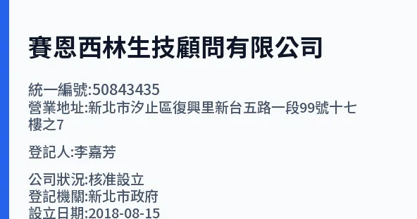 賽恩西林生技顧問有限公司的照片-統編 50843435(新北市) 公司登記資料與營業項目詳細圖表