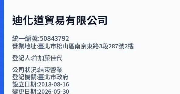 迪化道貿易有限公司的照片-統編 50843792(臺北市) 公司登記資料與營業項目詳細圖表