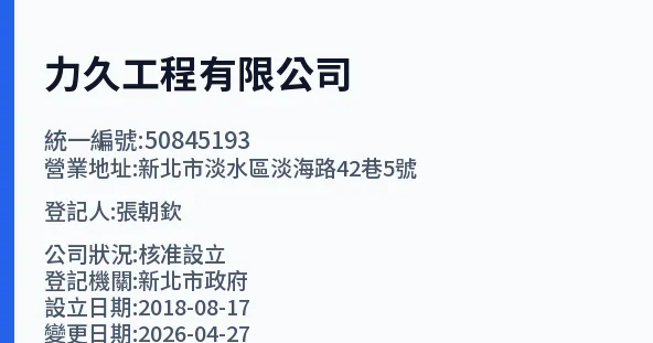力久工程有限公司的照片-統編 50845193(新北市) 公司登記資料與營業項目詳細圖表